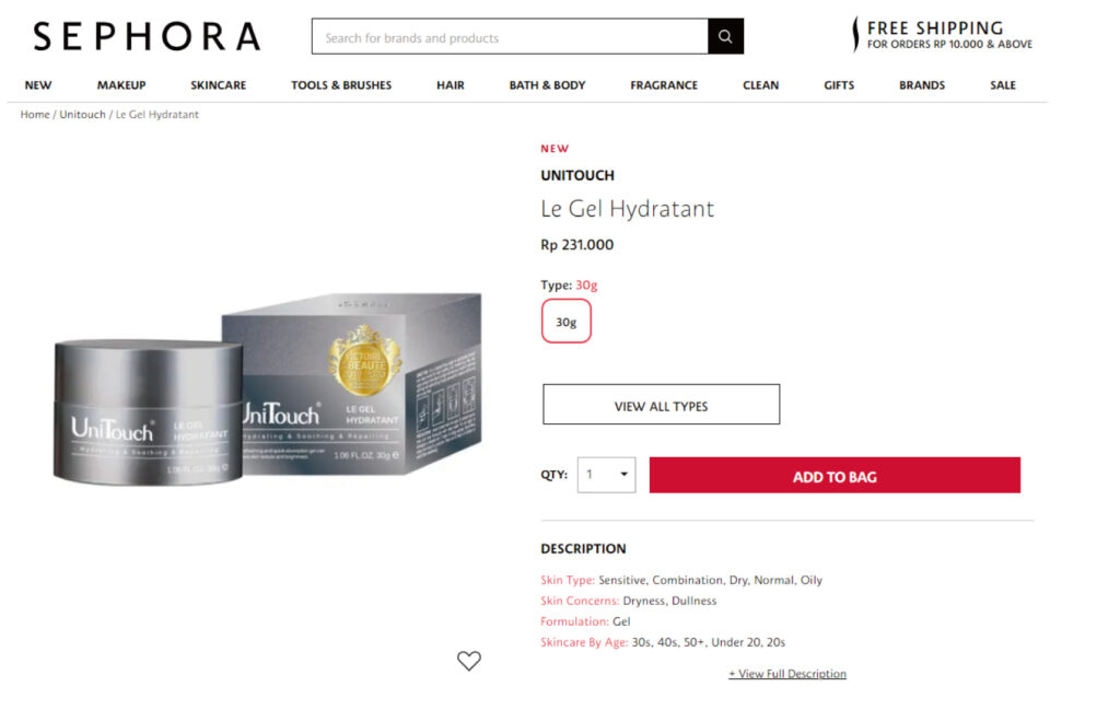 UniTouch Moisturizing Water Gel SEPHORA’s New Product Launch | Unitouch
